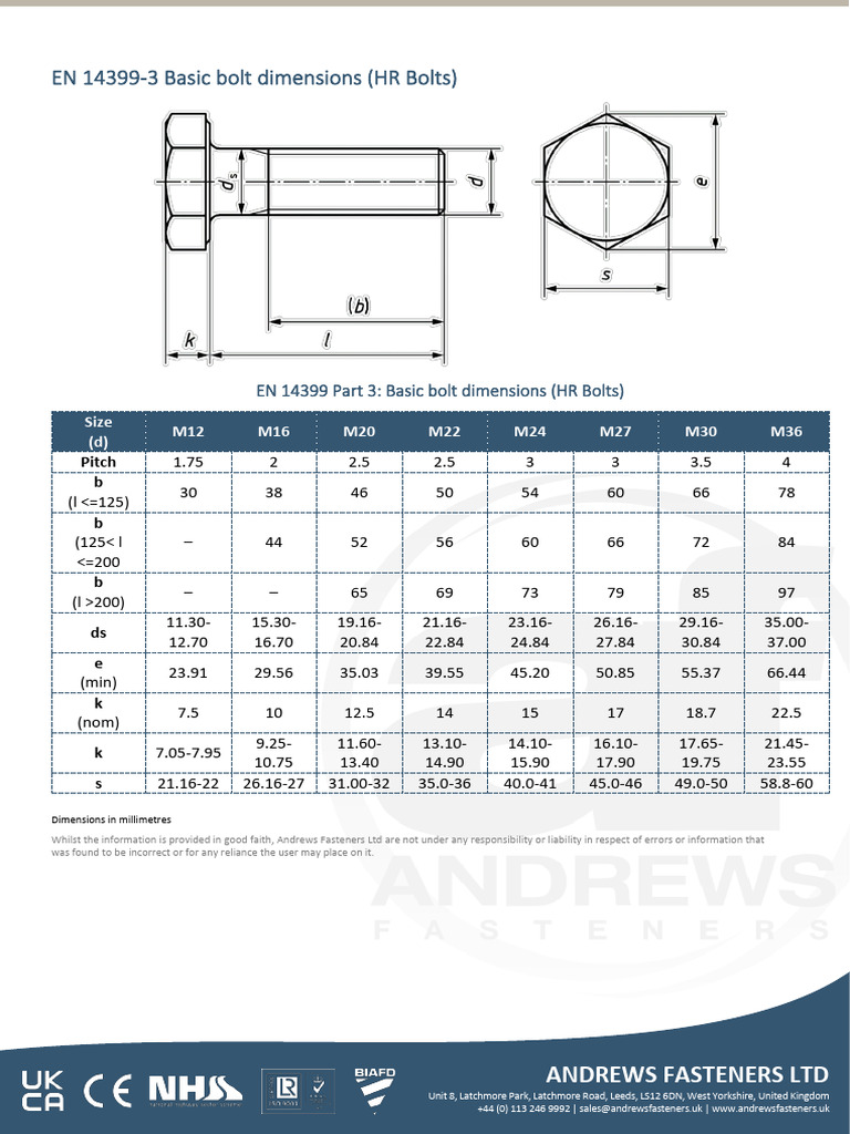EN 14399-3 Basic Bolt Dimensions (HR Bolts) | PDF