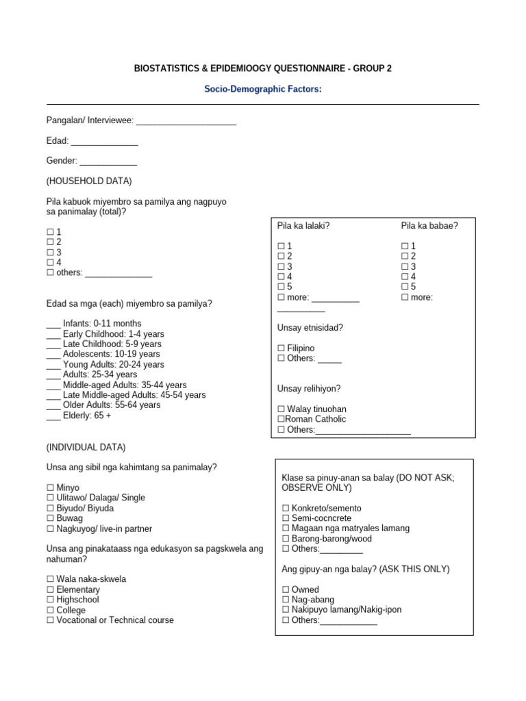 BioEpi Questionnaire Group 2 (REVISED) | PDF