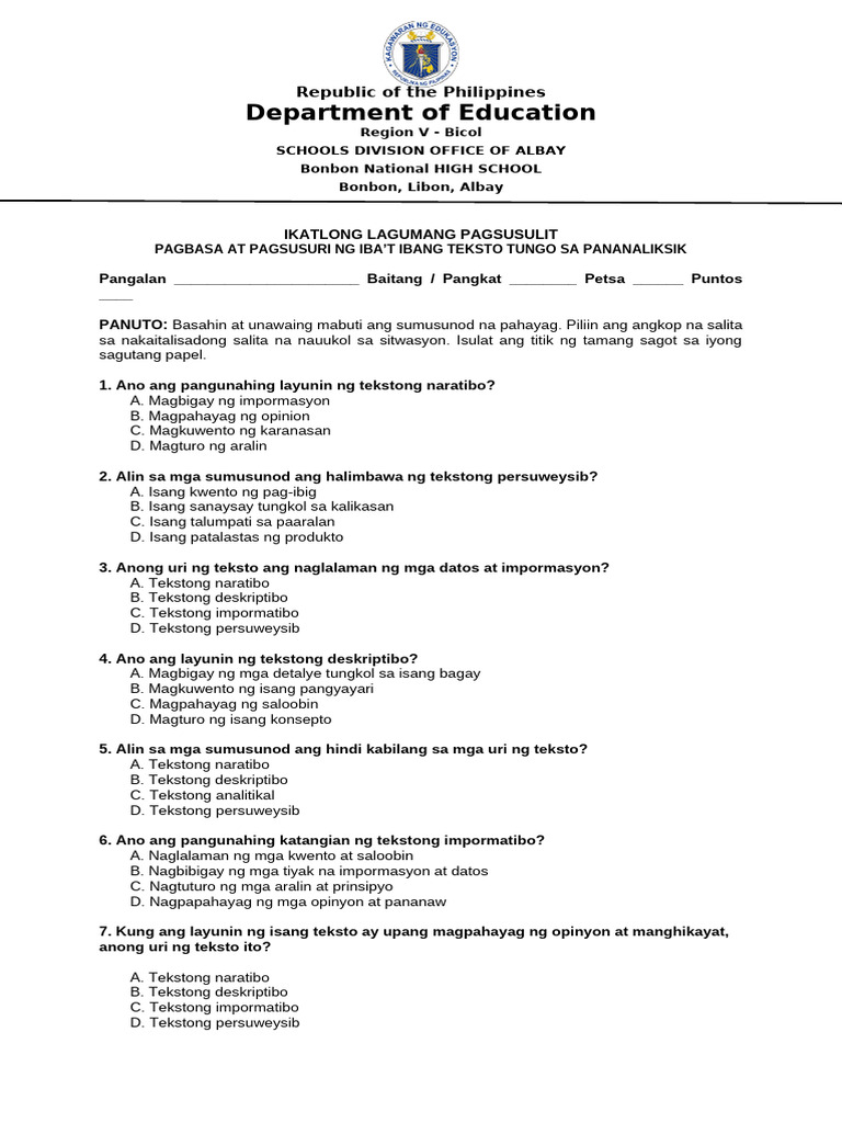 Ikatlong Markahang PAgsusulit - Pagbasa | PDF
