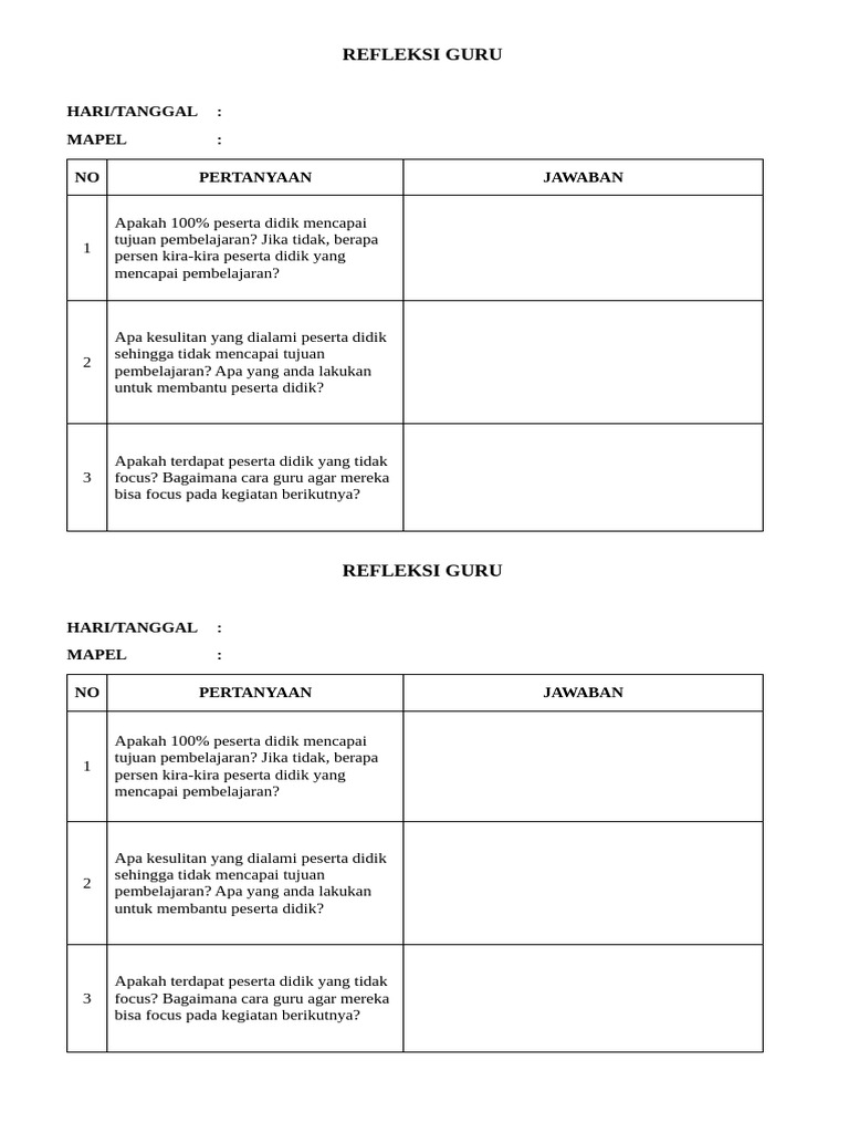 Lembar Refleksi Pembelajaran Guru | PDF