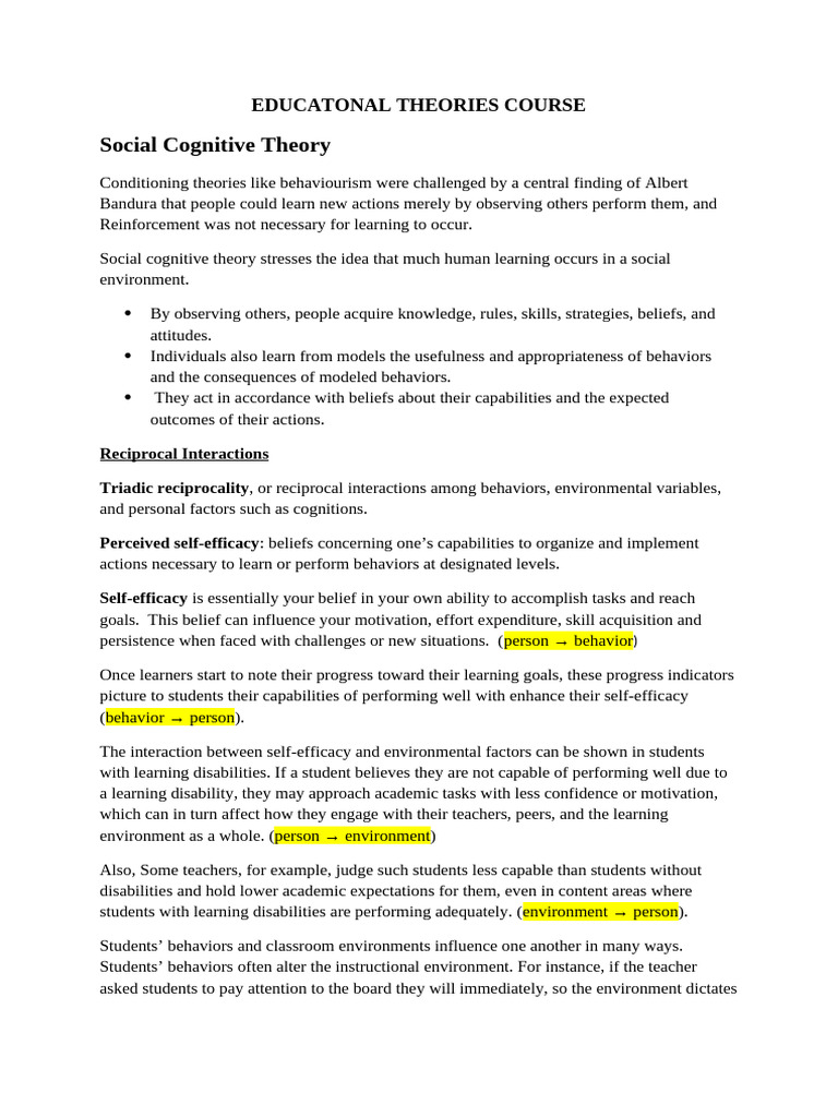 Educatonal Theories Course | PDF | Self Efficacy | Learning