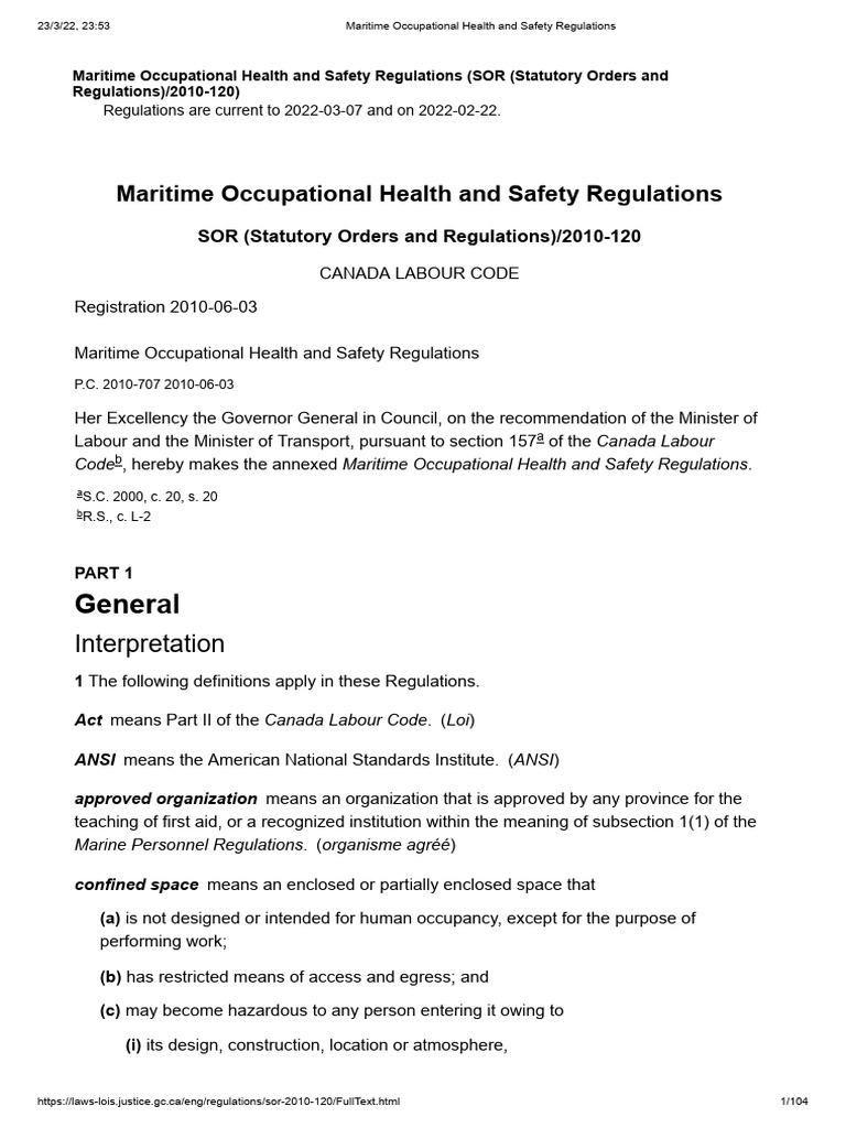 Maritime Safety Regulations Canada | PDF | Scaffolding | Occupational ...