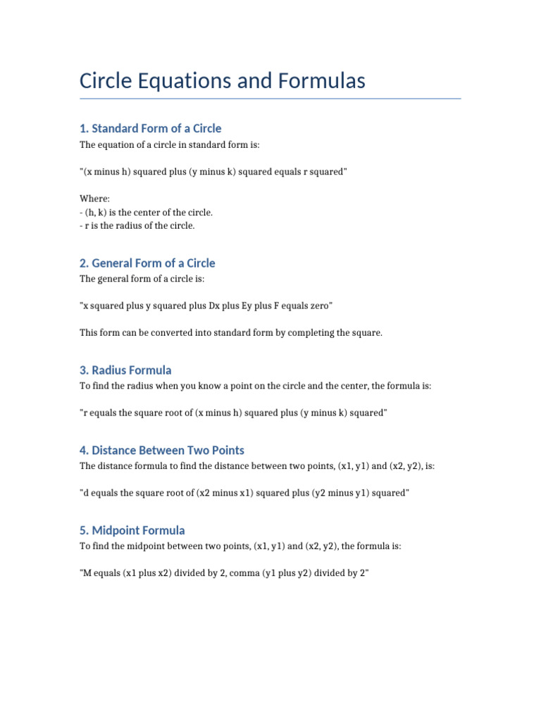 Circle Equations and Formulas | PDF