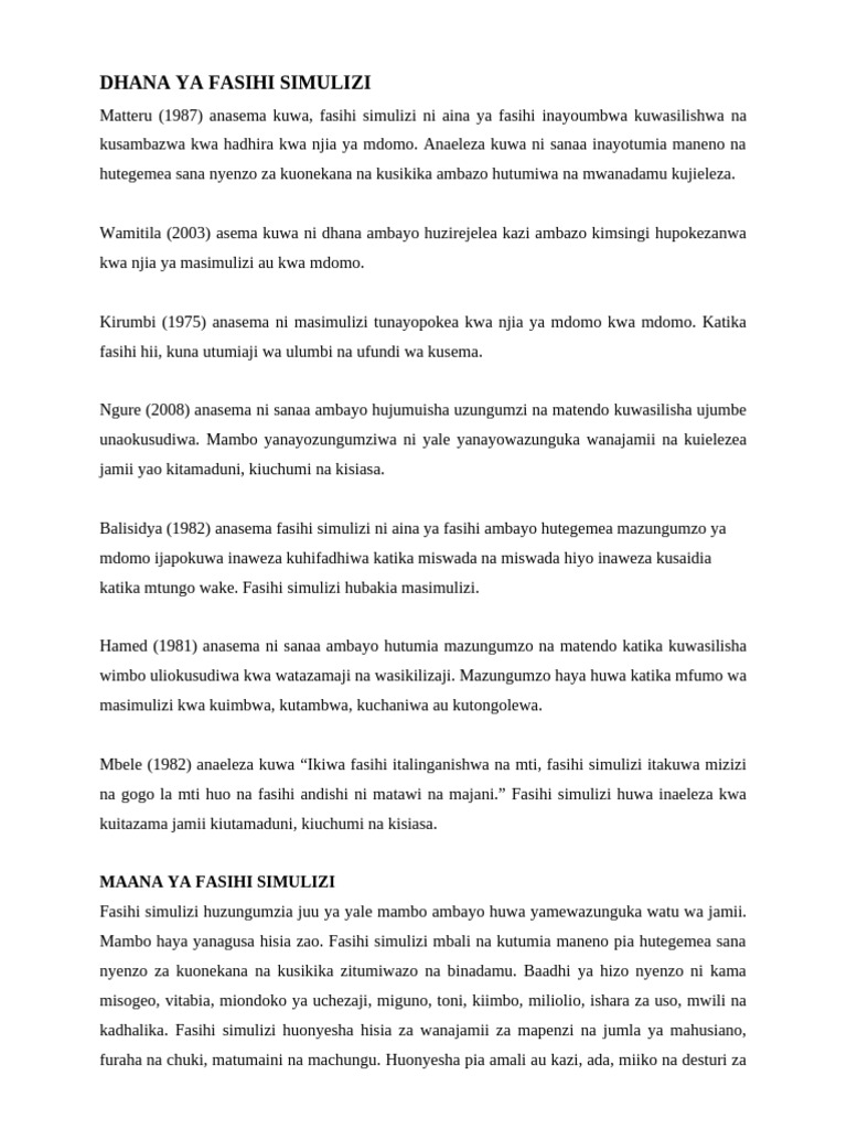 Fasihi Simuliizi Notes-1 | PDF