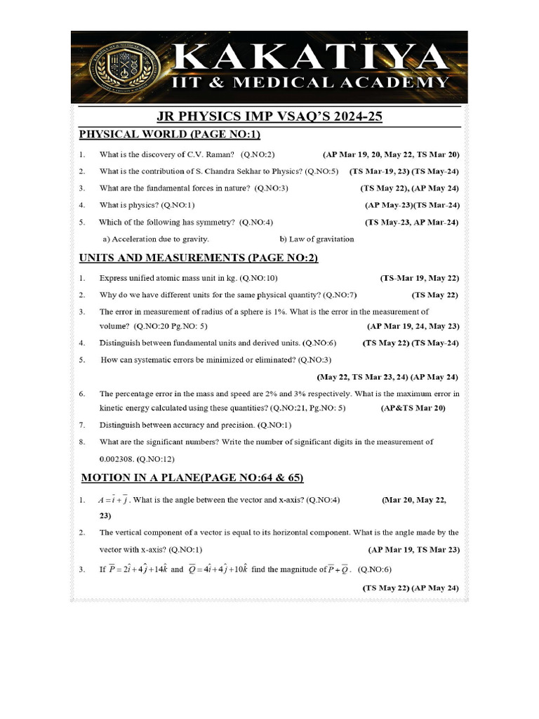 JR Physics Imp Vsaq's 2024-25 | PDF