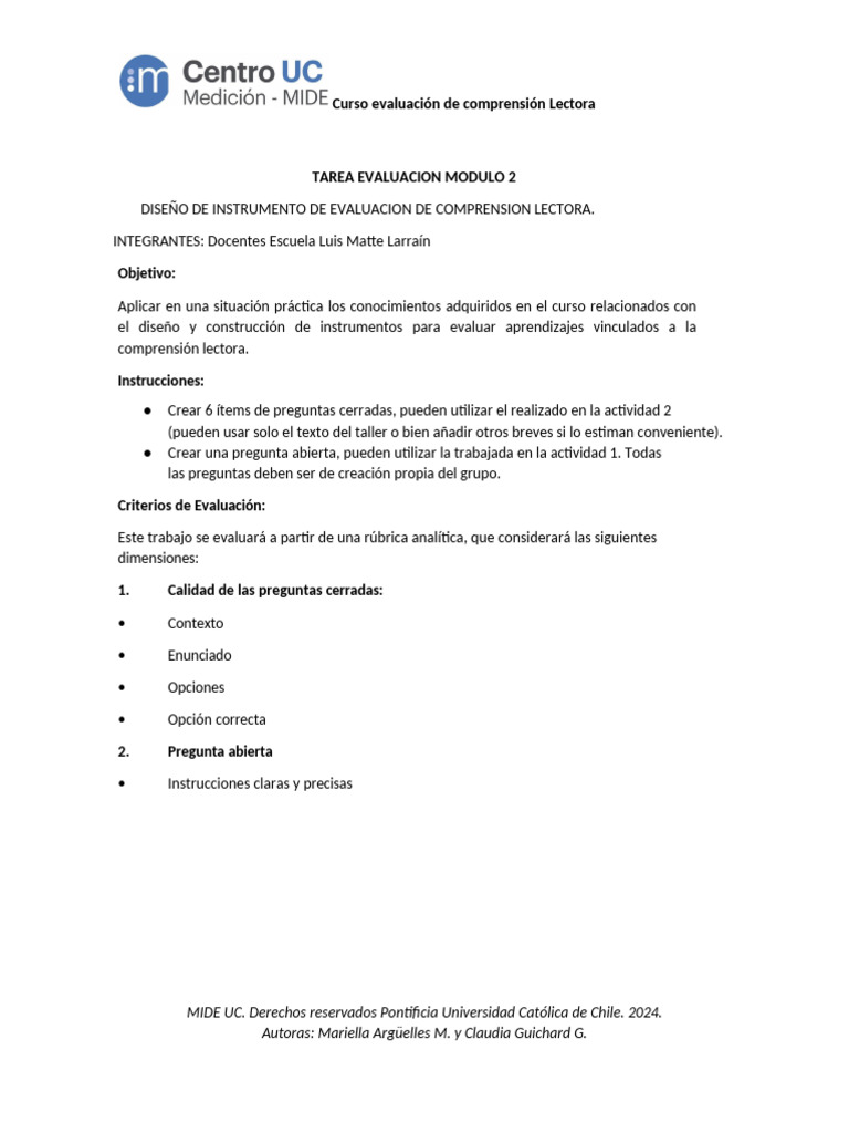 TAREA EVALUACION MODULO 2 EMA- VALERIA- FRANCISCO | PDF | Evaluación | Comprensión lectora