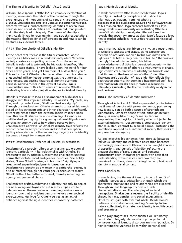 Identity Themes in Othello: Acts 1-2 | PDF | Othello | Iago