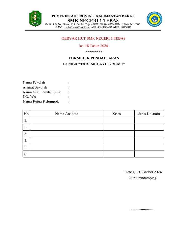 Format Formulir Pendaftaran Tari | PDF