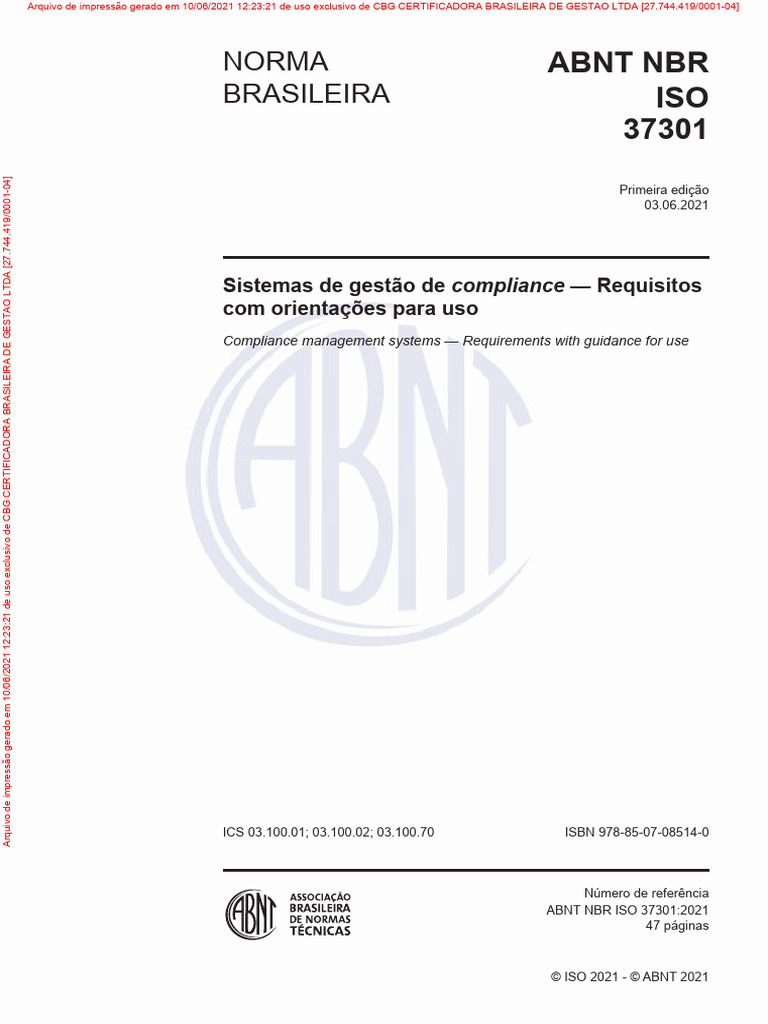 Abnt NBR Iso 37301-2021 | PDF | Conformidade regulatória | Auditoria ...