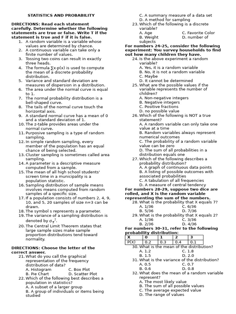 True/False Questions on Statistics | PDF | Probability Distribution ...