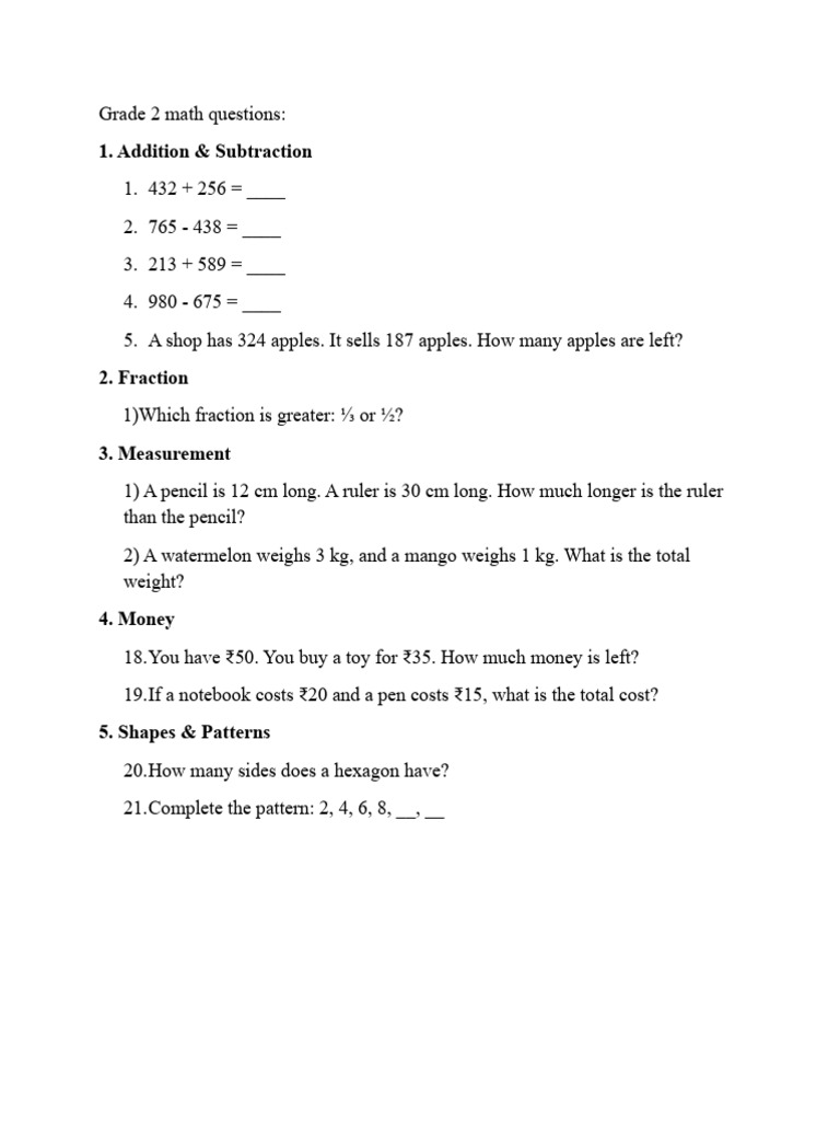 Grade 2 Math Questions | PDF