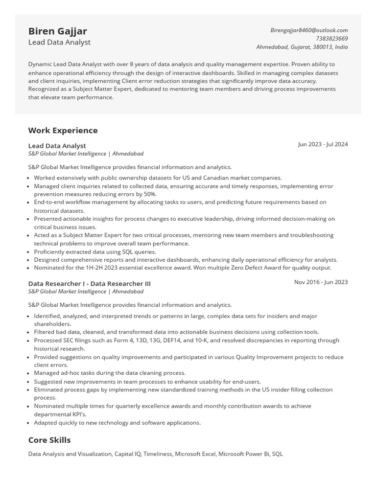 Biren Gajjar - Lead Data Analyst Resume | PDF | Data Analysis | Data