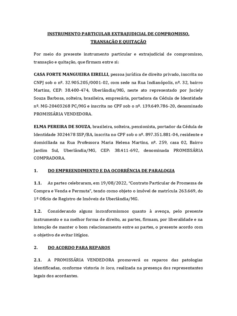 TERMO DE TRANSAÇÃO E QUITAÇÃO - Casa Forte X Elma | PDF | Conta de ...