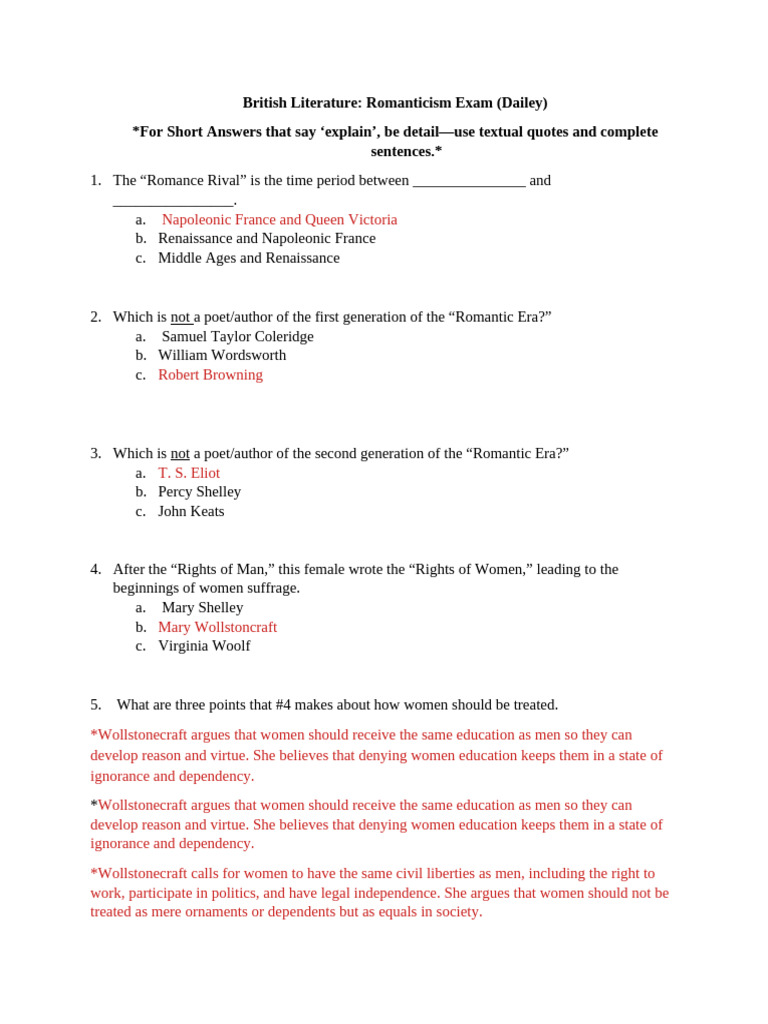 British Romanticism Exam Questions | PDF | John Keats | Romanticism