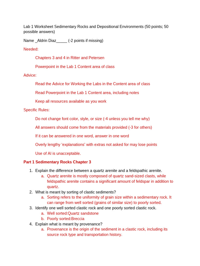 Lab 1 Worksheet spring 2025 | PDF | Clastic Rock | Sedimentary Rock