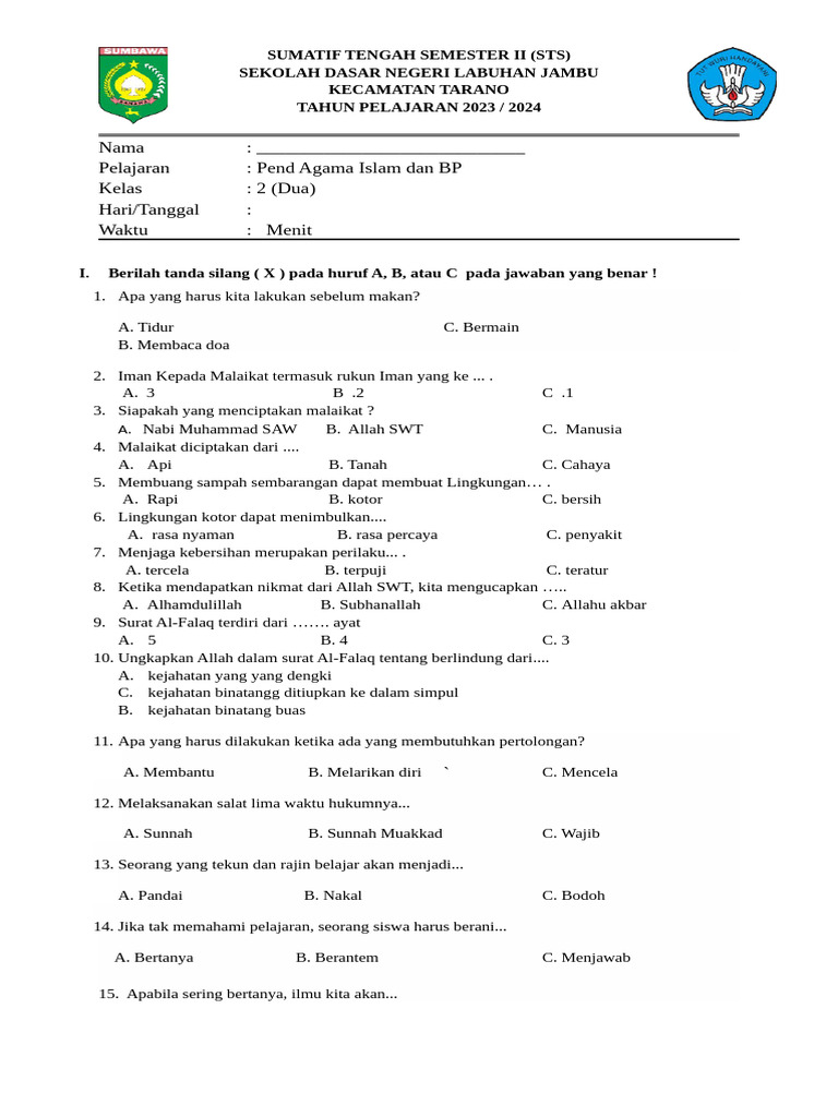 Soal Agama Islam Kelas 2 SD | PDF