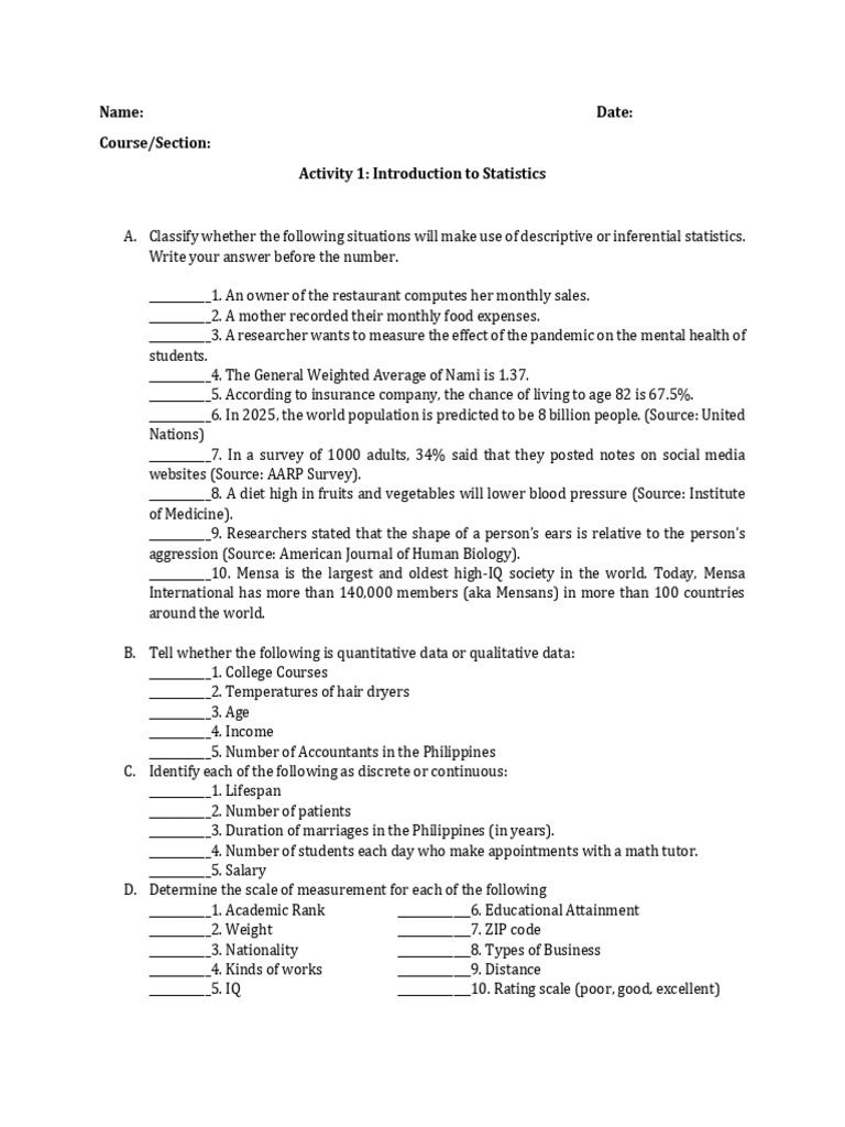 Activity 1 Introduction To Statistics | PDF | Sampling (Statistics ...