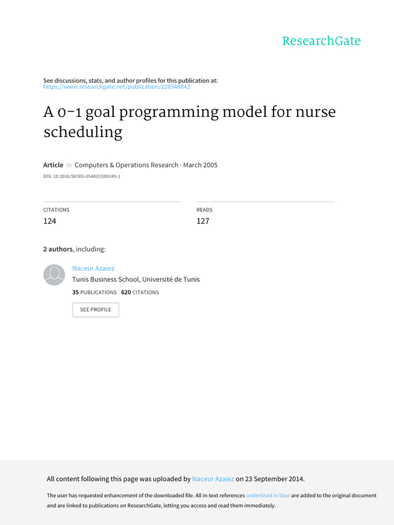 A 0 1 Goal Programming Model For Nurse Scheduling | PDF | Shift Work ...