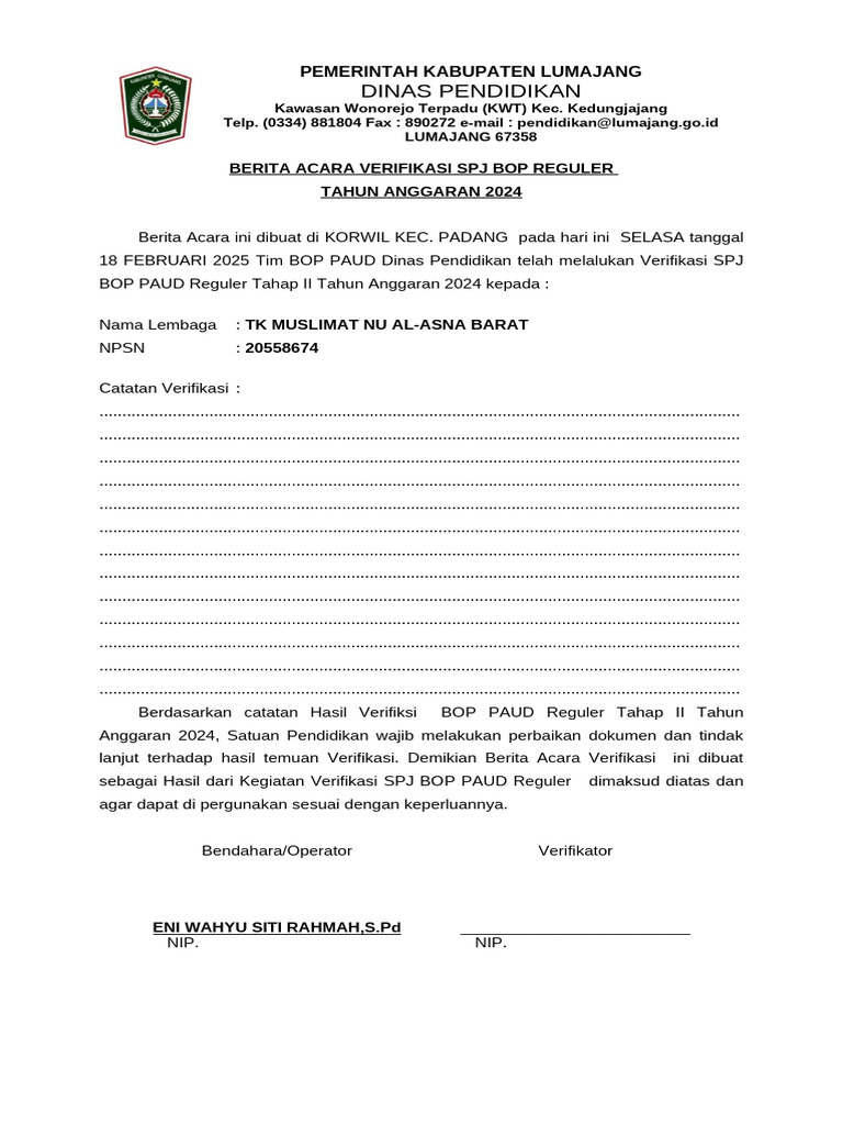 Berita Acara Verifikasi SPJ Bop Paud Reg Dan Kin 2024 | PDF