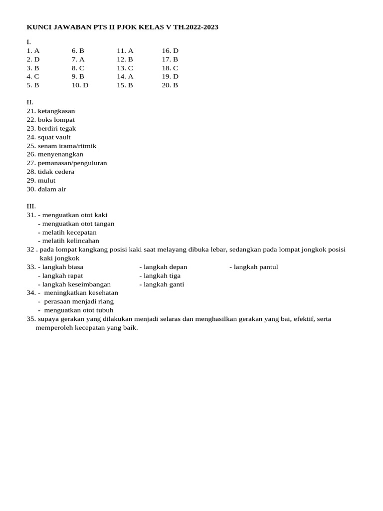 Kunci Jawaban PTS II PJOK Kelas V TP 2022-2023 | PDF