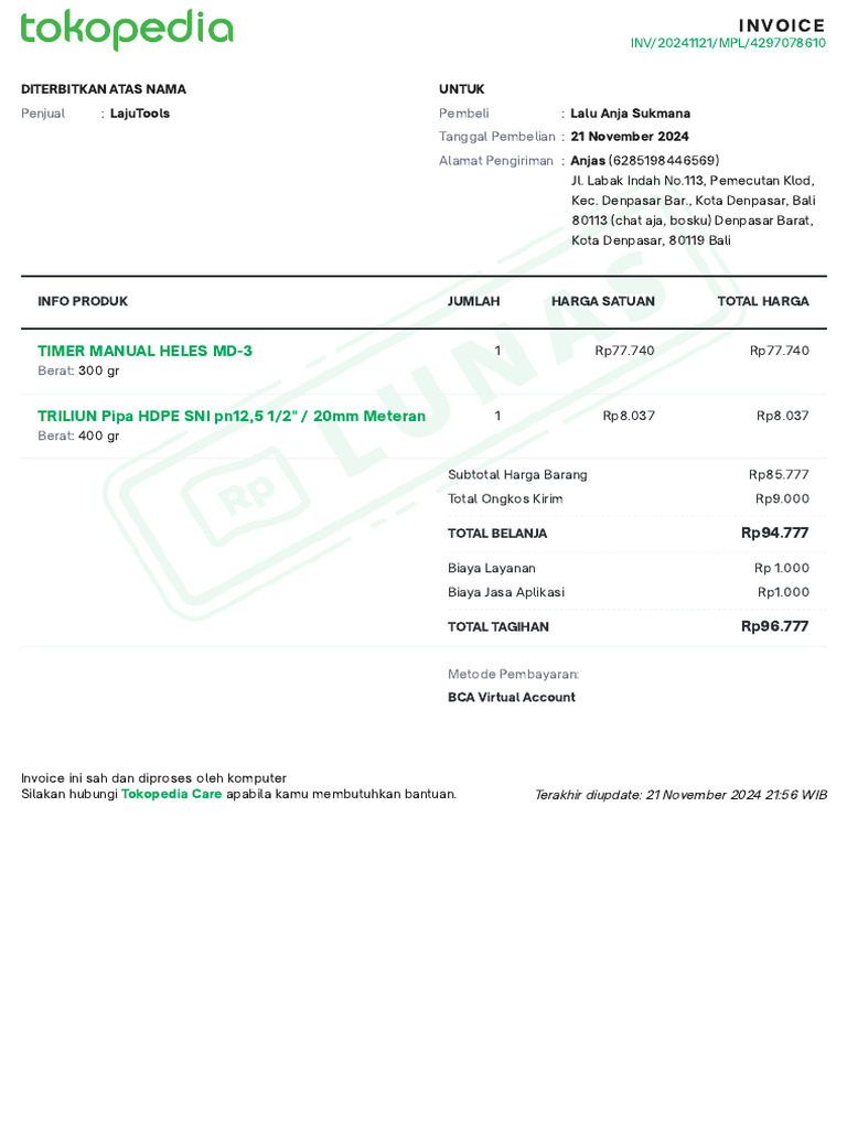 Invoice Material Villa Uluwatu | PDF