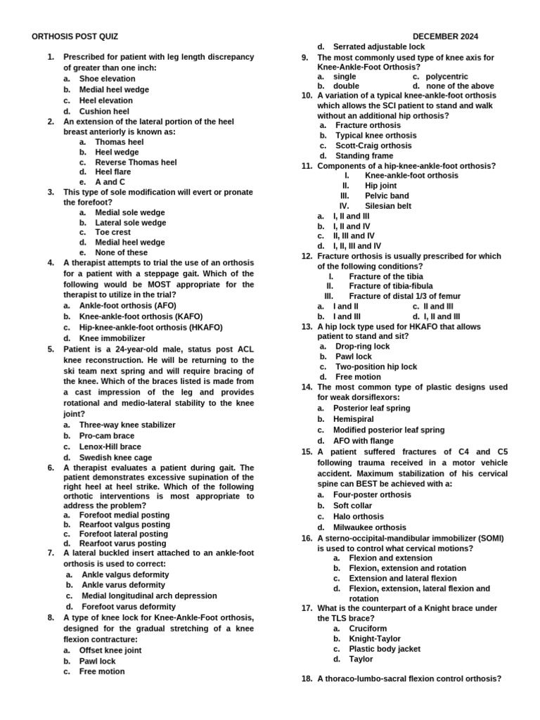 Orthosis Post Quiz December 2024 | PDF | Musculoskeletal System | Limbs ...
