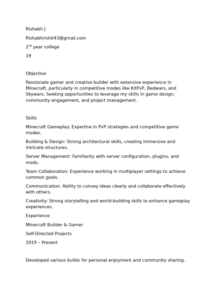 Minecraft Gamer & Builder Profile | PDF