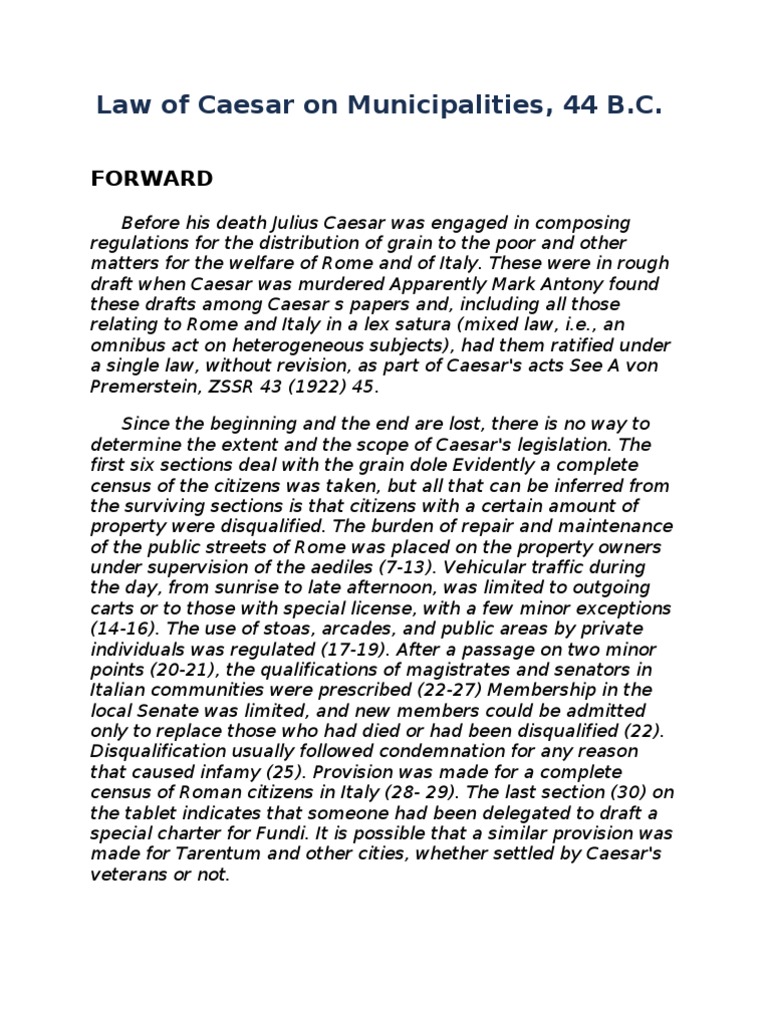 Law of Ceasar On Municipalities 44 B.C. | PDF | Ancient Rome | Julius ...