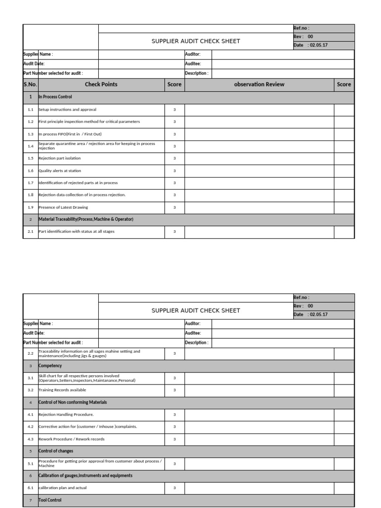 Supplier Audit Check Sheet Template | PDF | Audit