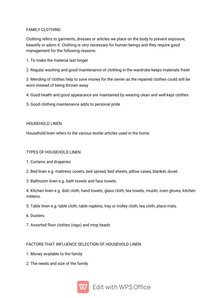 Family Clothing and Household Linen | PDF