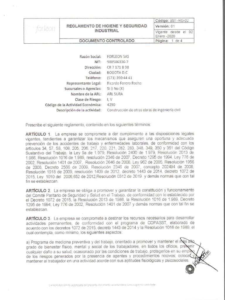 Reglamento de Higiene y Seguridad | PDF