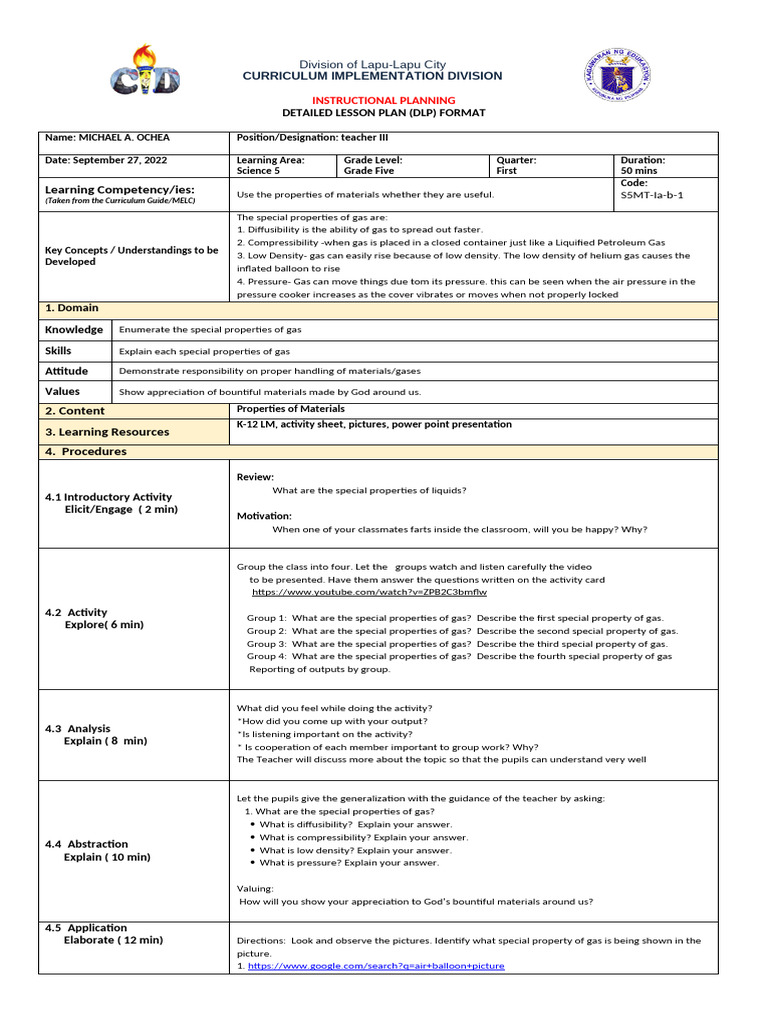 DLP_SCIENCE5_Q1_W1_D4 | PDF | Gases | Learning