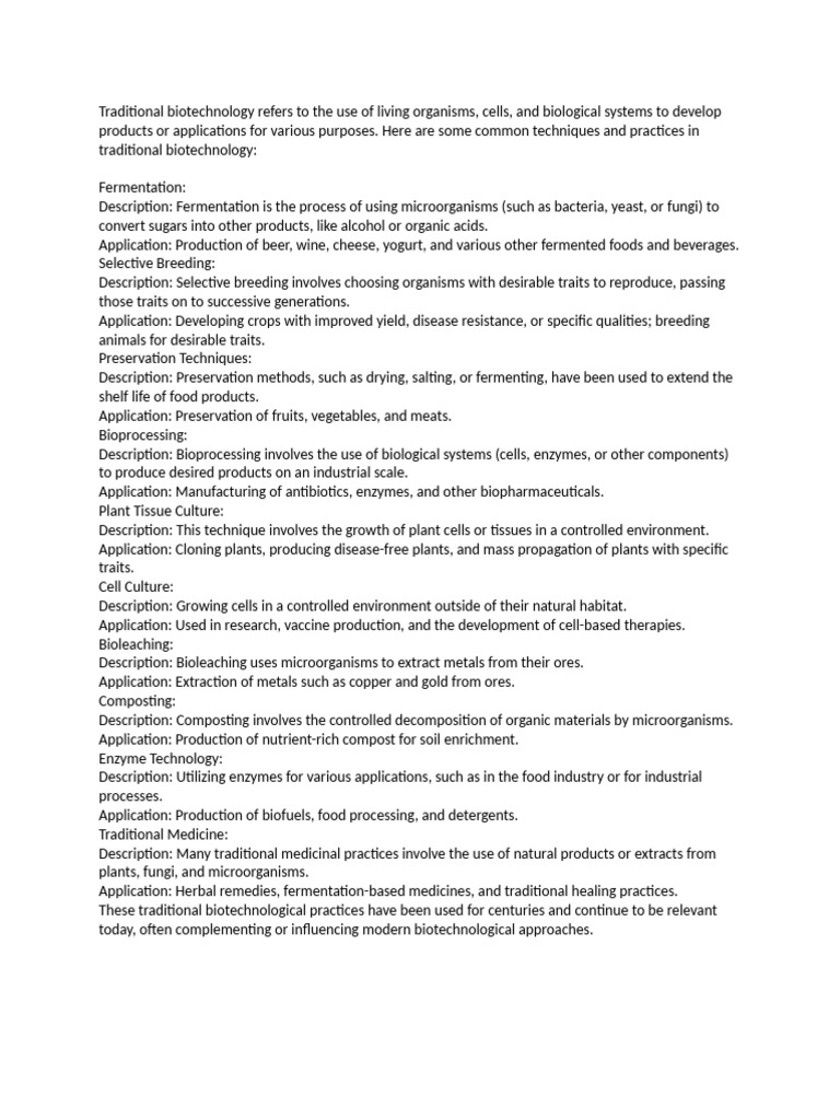 Traditional Biotechnology Refers To The Use of Living Organisms | PDF ...