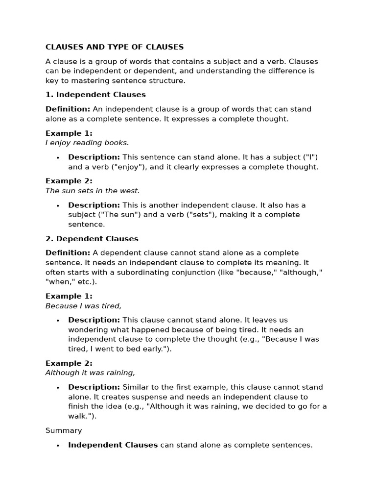 Clauses and Type of Clauses | PDF | Clause | Adverb