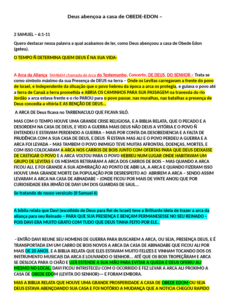 Deus abençoa a FAMILIA DE OBEDE EDOM | PDF | Arca da Aliança | Davi