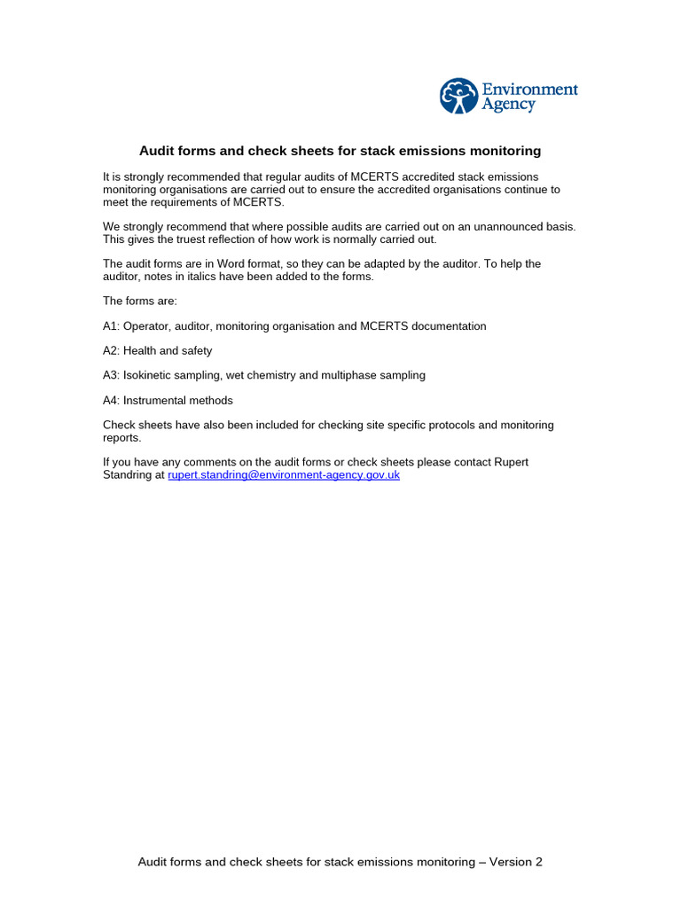 Audit Forms For Manual Stack Emissions Monitoring, September 2019 | PDF ...