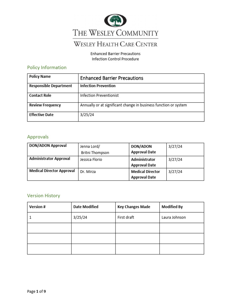 Infection Control Enhanced Barrier Precautions Policy Procedure | PDF ...