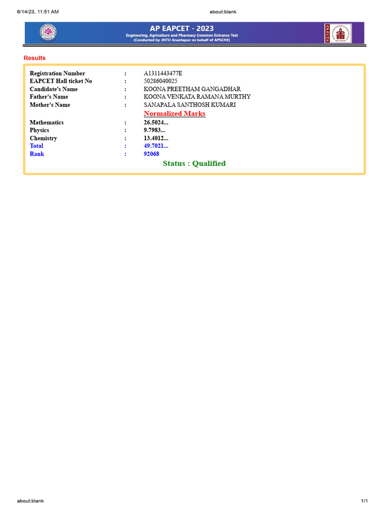 EAPCET Results for Preetham | PDF