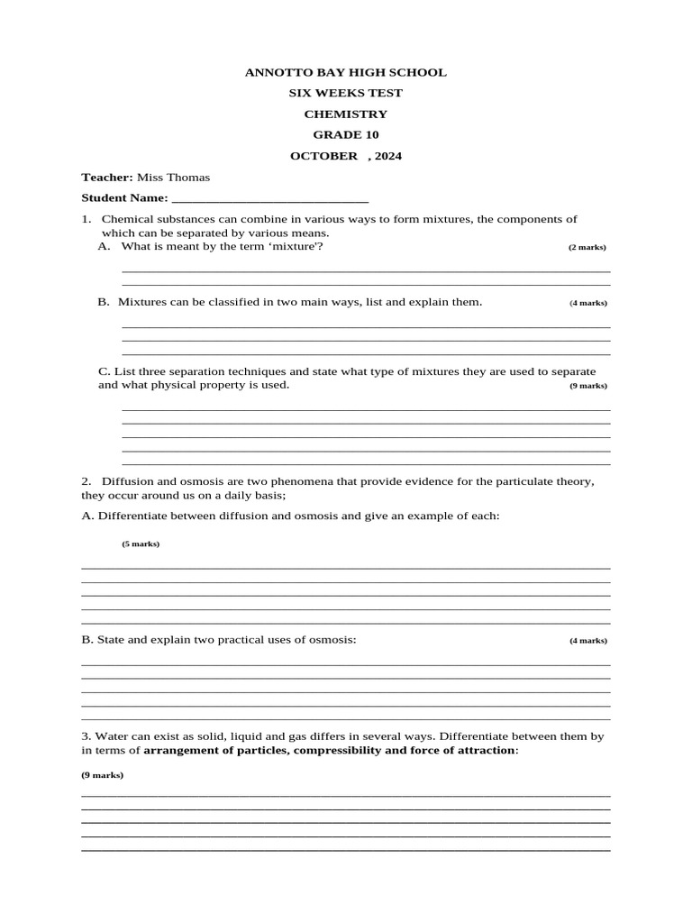 Grade 10 Chemistry Test: Mixtures & Solubility | PDF | Solubility ...