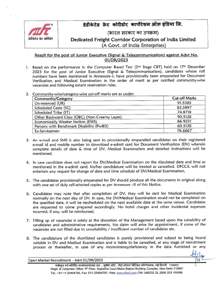 Dfccil Stage 2 Result 2023 | PDF | Government Of India