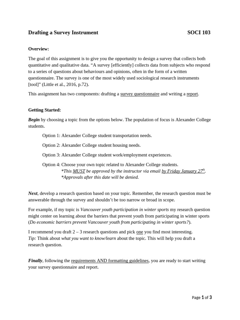 Drafting a Survey Instrument - Instructions SOCI 103 | PDF | Survey ...