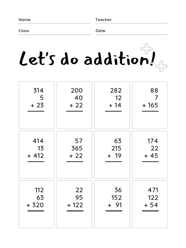 Black and White Multi-Digit Addition Math Foundational Worksheet | PDF