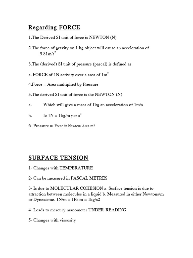 Force, Pressure, and Surface Tension Basics | PDF