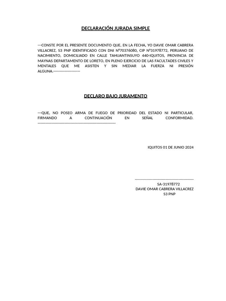 Declaración Jurada Simple | PDF | Perú