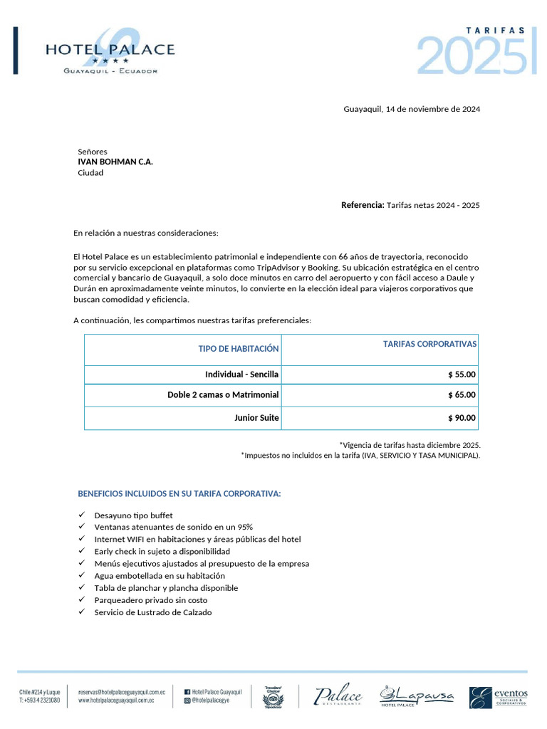 TARIFAS CORPORATIVAS 2024 -2025 IVAN BOHMAN | PDF