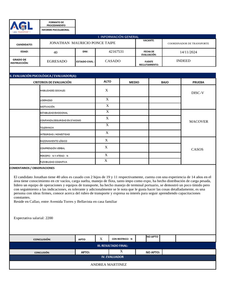 Informe Psicolaboral Transport - Jonathan Mauricio Ponce Taipe | PDF ...