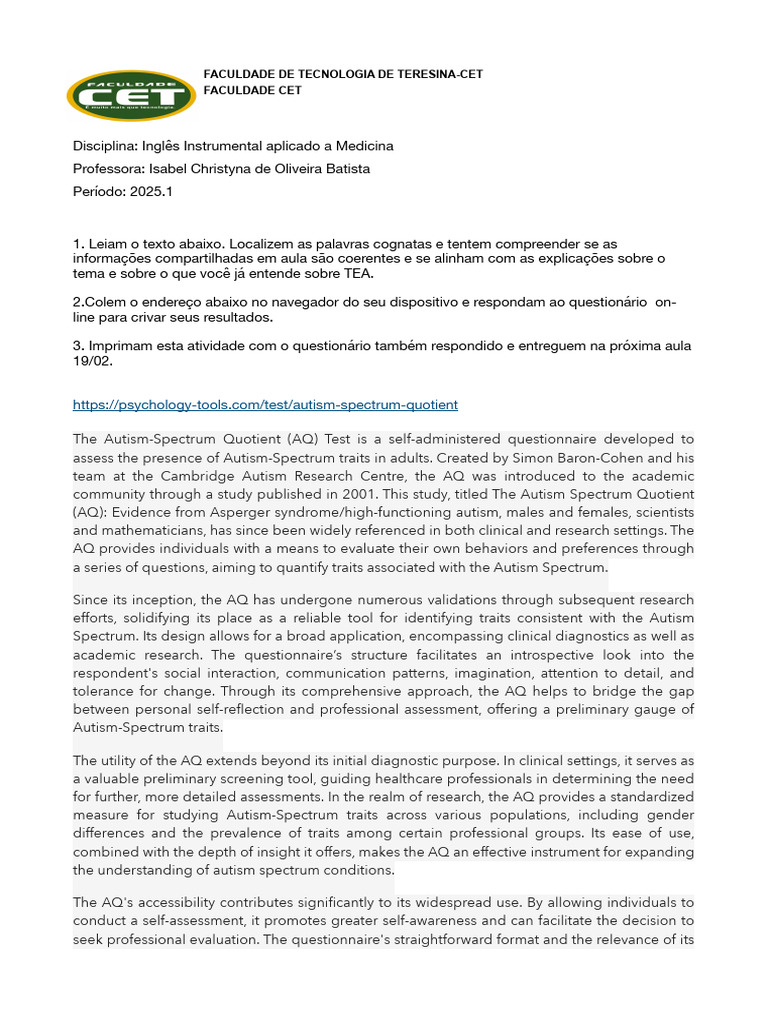Aq Test - Tea - Cet 2025 | PDF | Autism | Asperger Syndrome