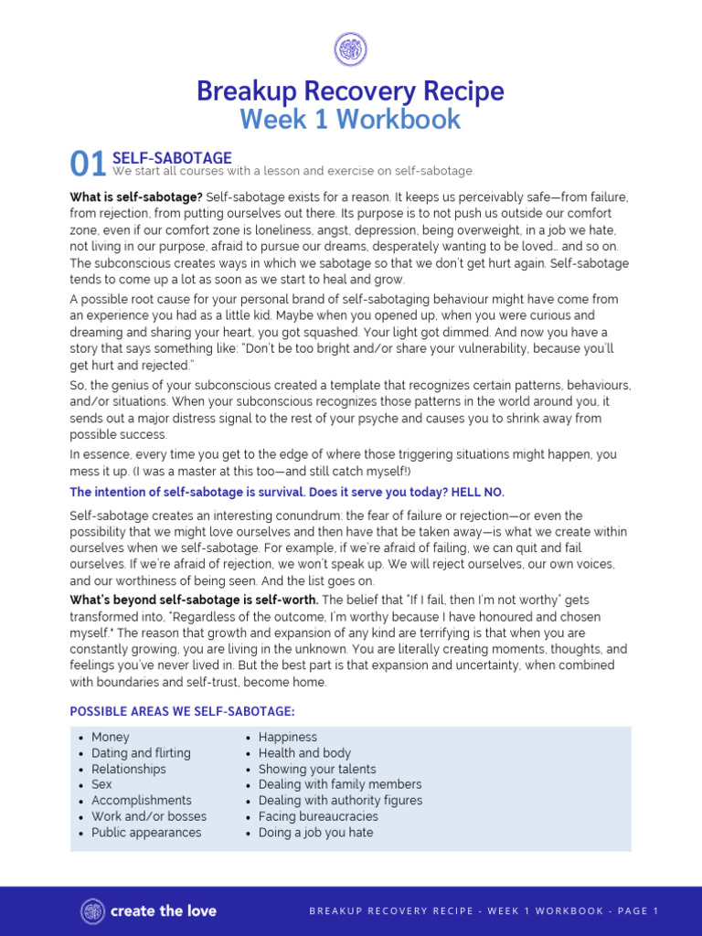 Breakup Recovery Recipe Week 1 Workbook Fillable | PDF | Feeling | Love