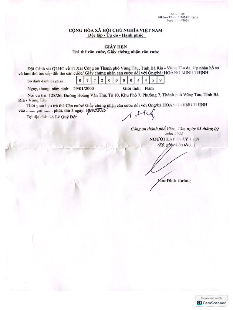Giấy Hẹn CCCD | PDF