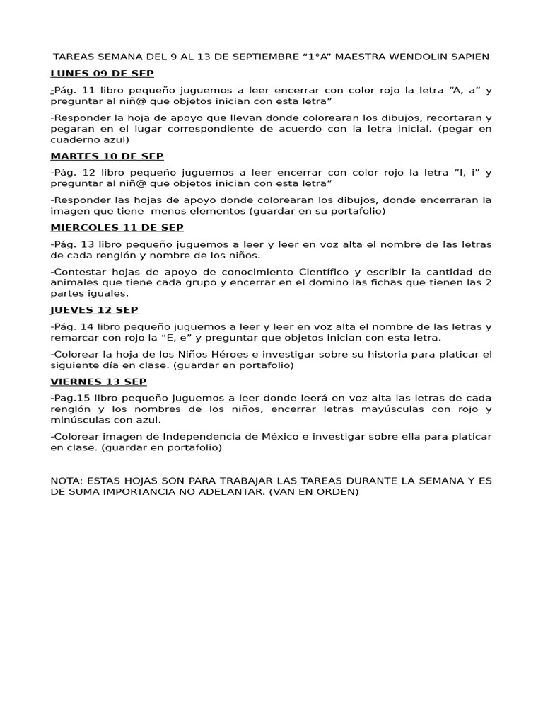 Tareas 9 Al 13 de Sep | PDF